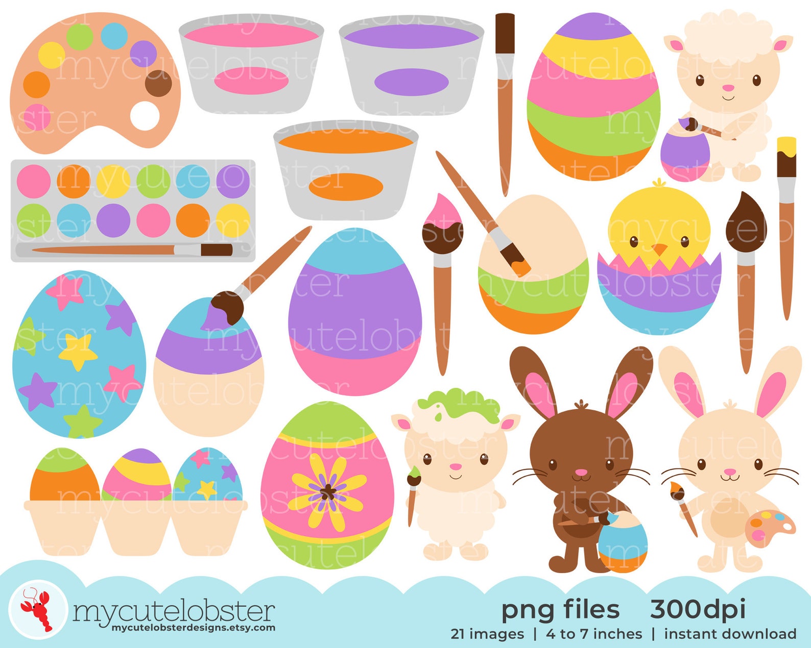 Easter Egg Painting Clipart Set of Easter Eggs Rabbits - Etsy