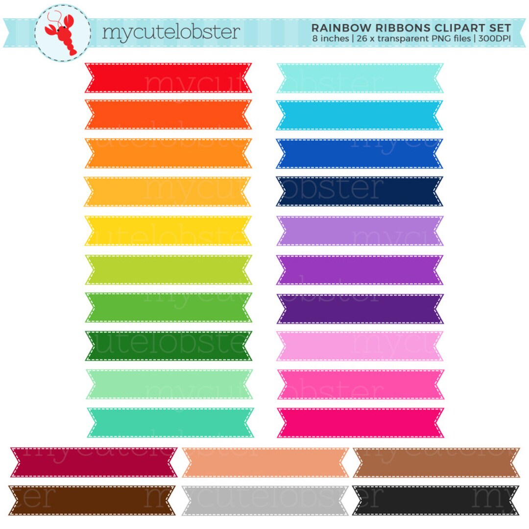 Stitched Ribbons Clipart Set - Clip Art Set of Rainbow Ribbons ...