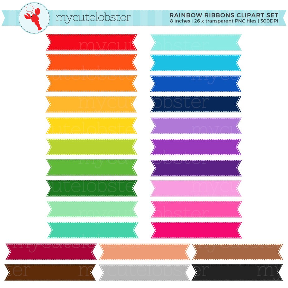 Stitched Ribbons Clipart Set - Clip Art Set of Rainbow Ribbons ...