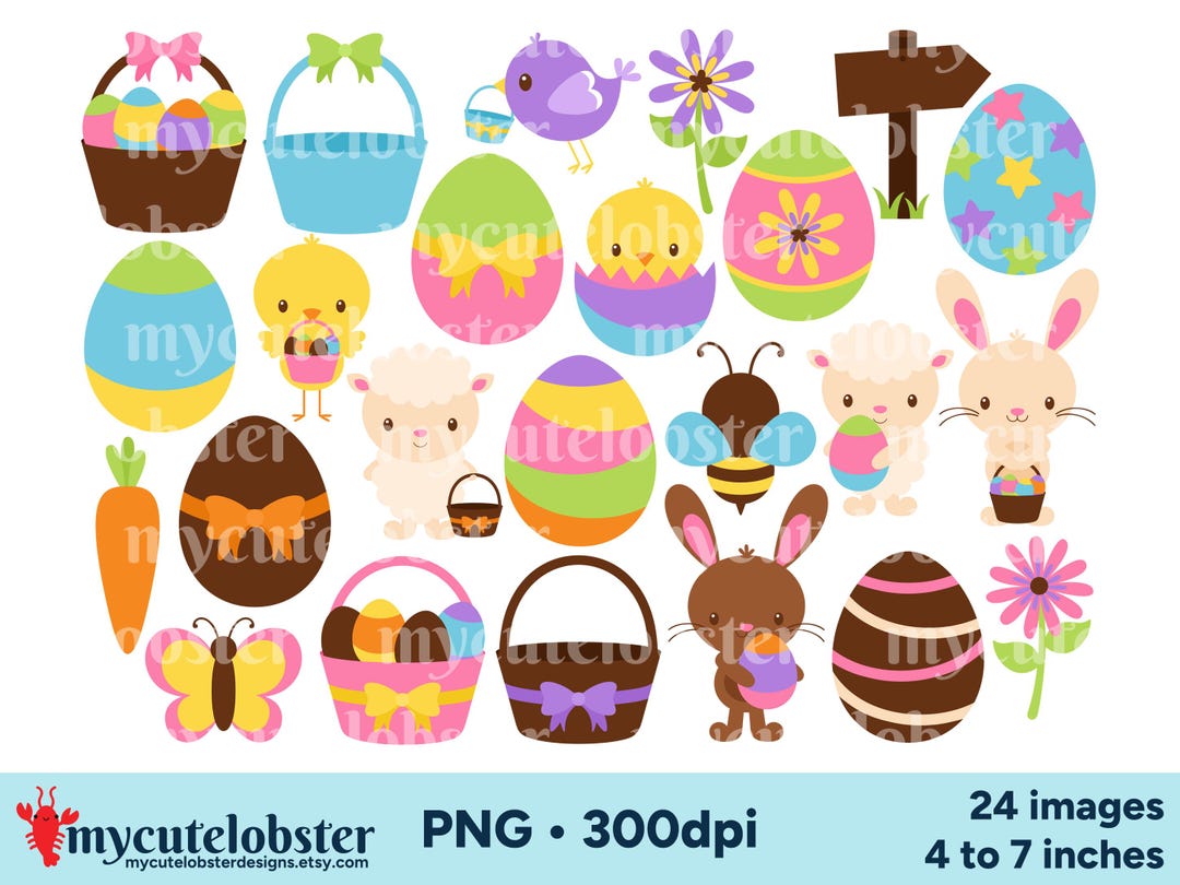 Easter Egg Hunt Clipart - Set of Easter Eggs, Baskets, Chicks, Lambs ...