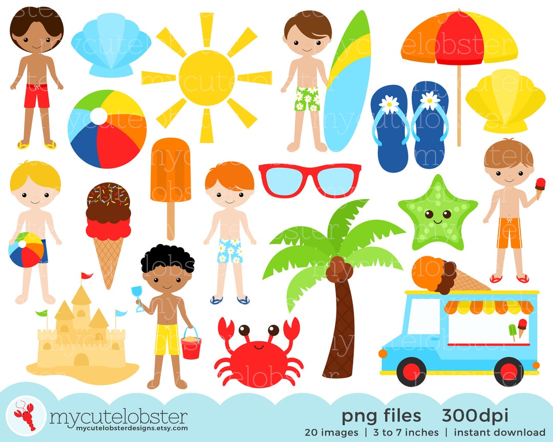 Boys Beach Clipart Set Summer, Vacation, Sandcastle, Beach, Clip Art ...