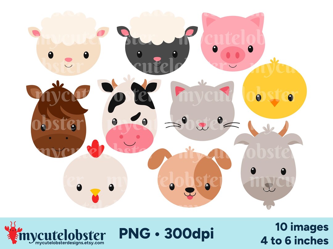 Farm Animal Faces Clipart Set - Animal Faces, Farmyard, Farm, Cow ...