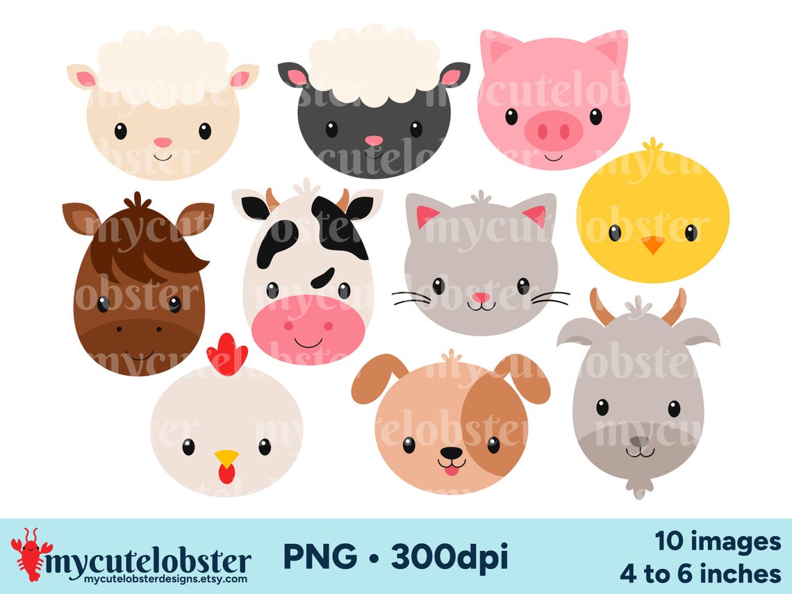 Farm Animal Faces Clipart Set - Animal Faces, Farmyard, Farm, Cow ...