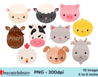 Farm Animal Faces Clipart, Farmyard Animals, Digital Stamps, Pig, Cow ...