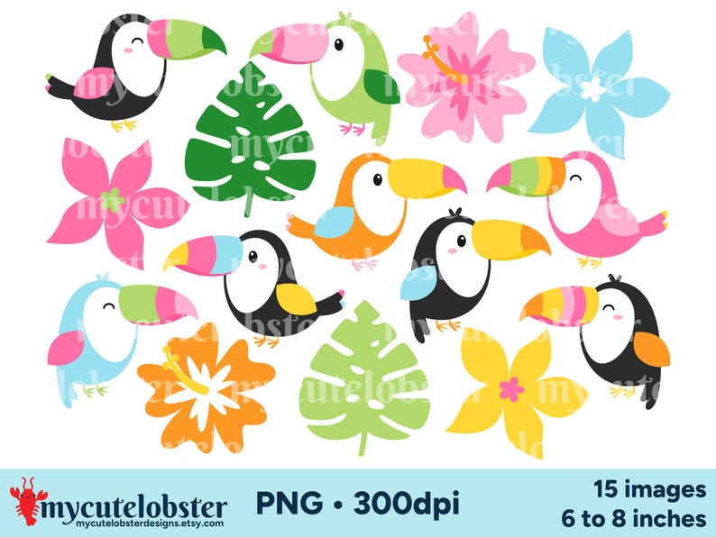 Toucans Clipart - Set of Tropical Birds, Leaves Clip Art, PNG Digital ...