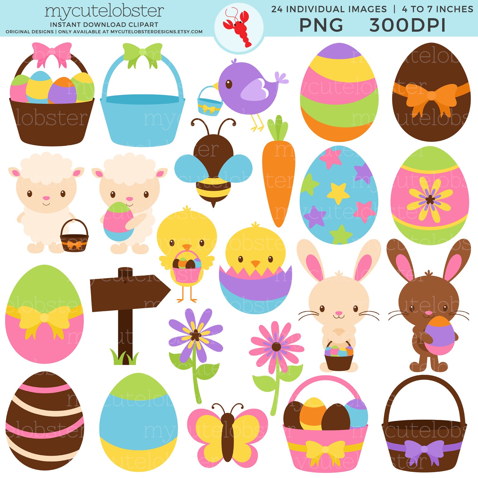 Easter Egg Hunt Clipart set of Easter eggs baskets chicks | Etsy