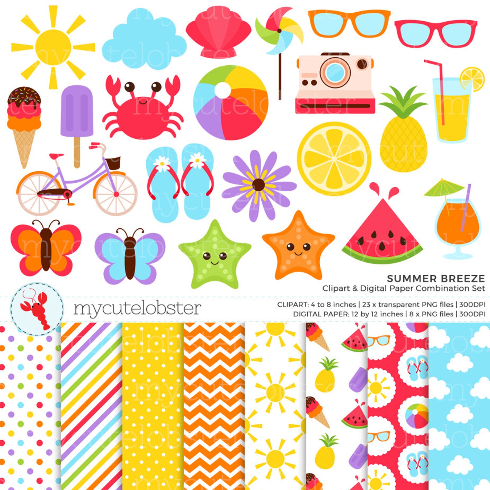 Summer Breeze Clipart & Digital Paper Set - Summer Clip Art Set, Beach ...
