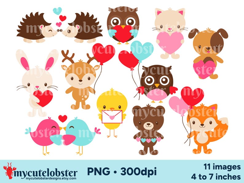 Valentine Animals Clipart - Romance Clip Art, Love Hearts, PNG Digital ...