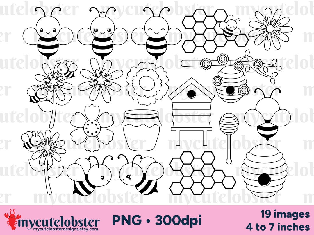 Bees Digital Stamps - Cute Bees Outlines, Line Art, Beehive, Honeycomb ...
