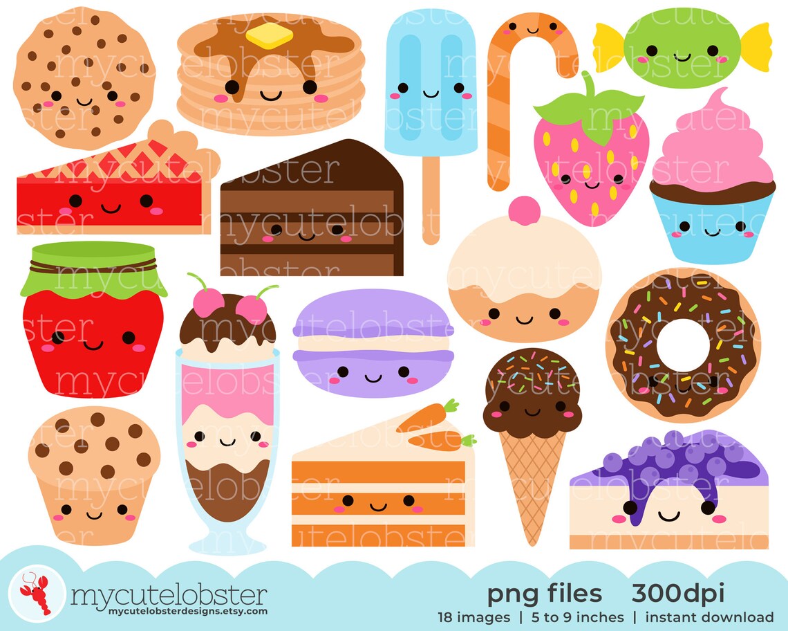 Cute Sweet Food Collection Clipart Happy Food Clip Art Set - Etsy