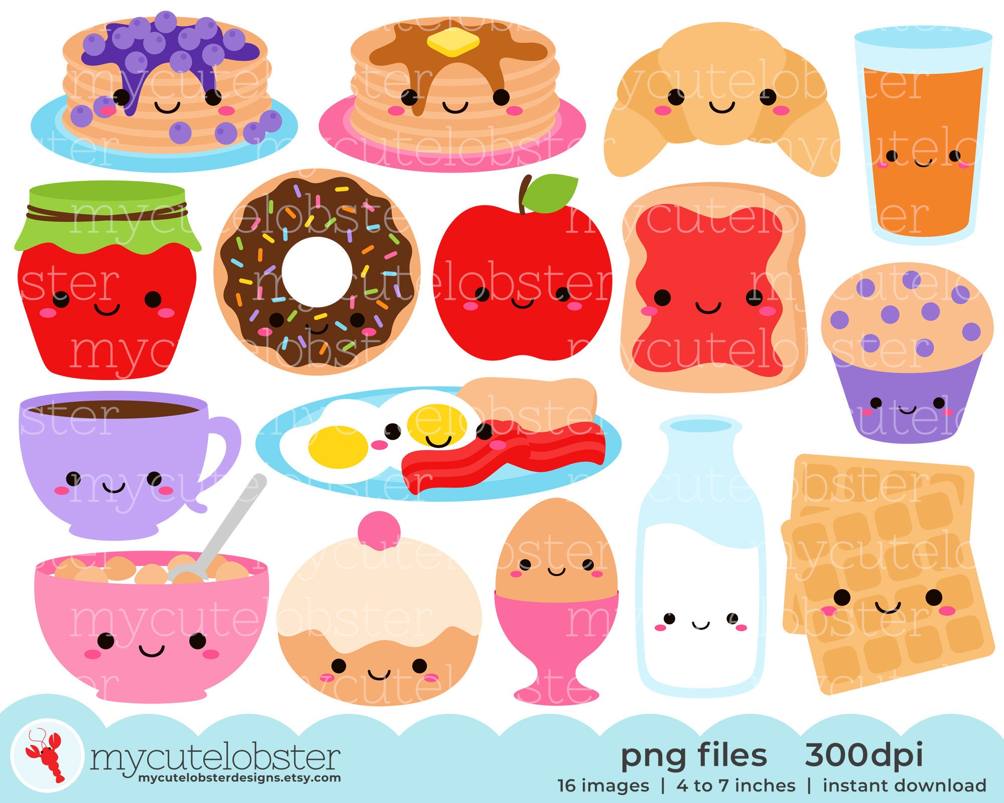 Cute Breakfast Food Clipart Set of Happy Food Toast Donut - Etsy