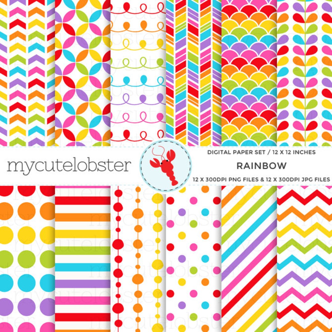 Rainbow Digital Paper Set - Stripe, Polka, Chevron, Arrow, Scallop ...