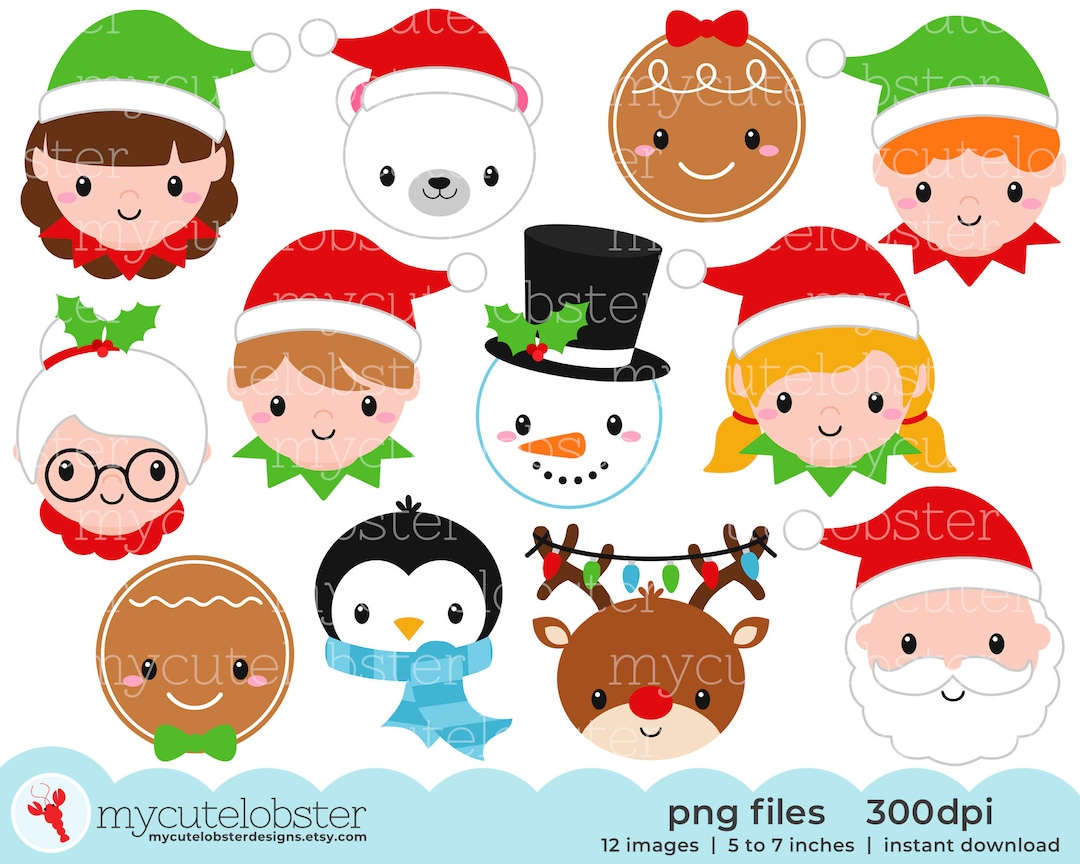 Christmas Faces Clipart Set of Festive Faces, Cute Faces, Santa, Elf ...