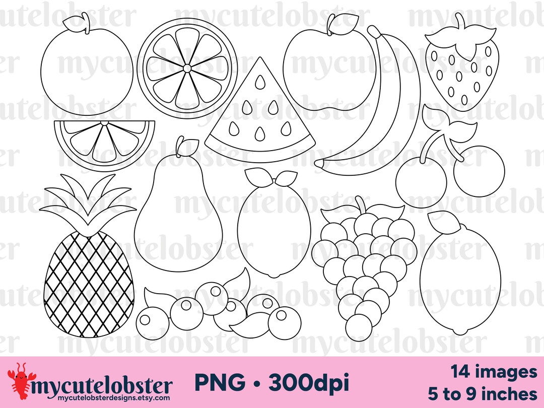 Fruit Digital Stamps - Food Line Art, Outlines, Lemon, Pineapple, Fruit ...