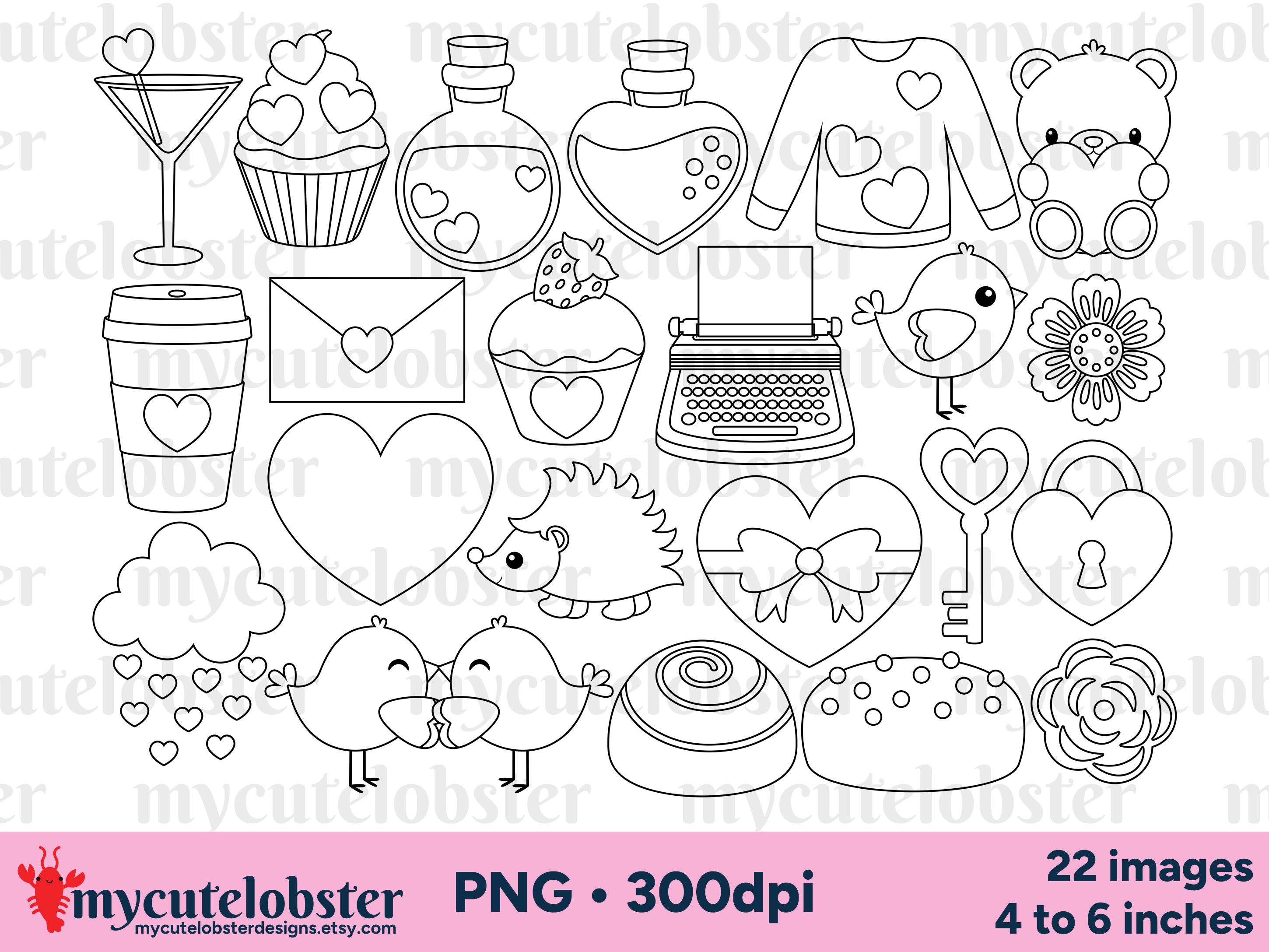 Valentine's Digital Stamps, Love Clipart Set of PNG Outlines for ...