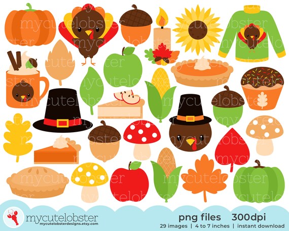 Thanksgiving Clipart Cute Thanksgiving Turkey Pie Acorns | Etsy