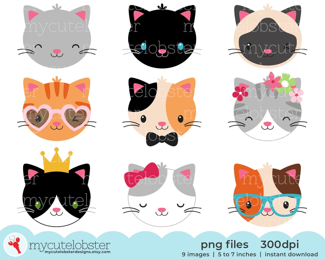 Fun Cat Faces Clipart Cute Cats Clip Art Set, Grey Cat, Black Cat ...
