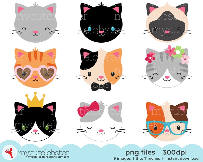 Fun Cat Faces Clipart Cute Cats Clip Art Set Grey Cat - Etsy