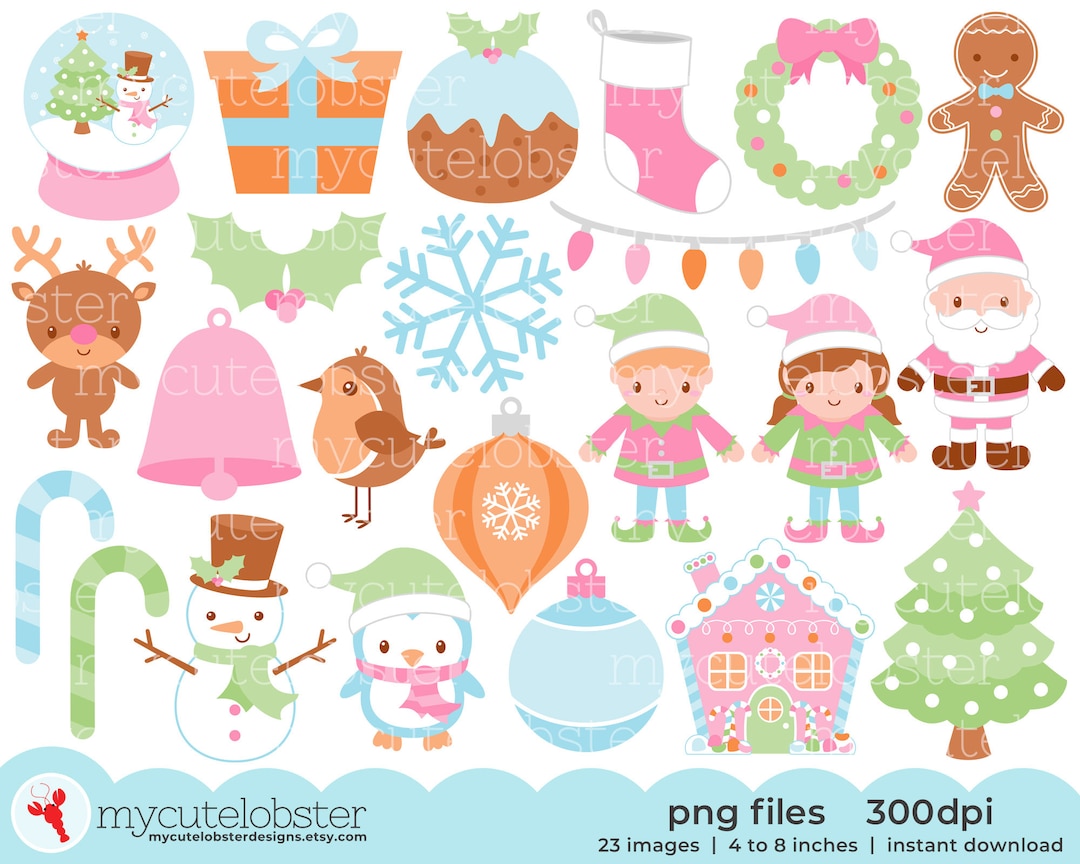 Pastel Christmas Clipart Cute Christmas Clip Art Set, Santa, Elf ...