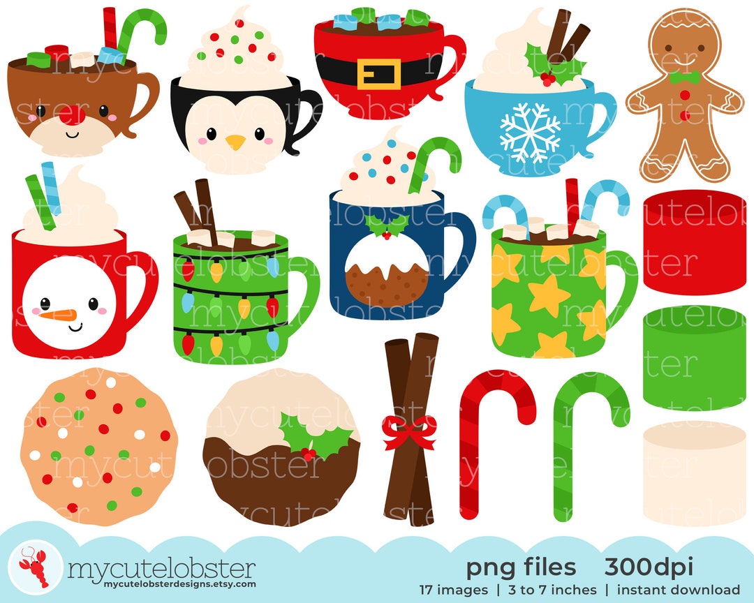 Christmas Cocoa Clipart Cute Mugs, Cookies, Marshmallows, Hot Chocolate ...