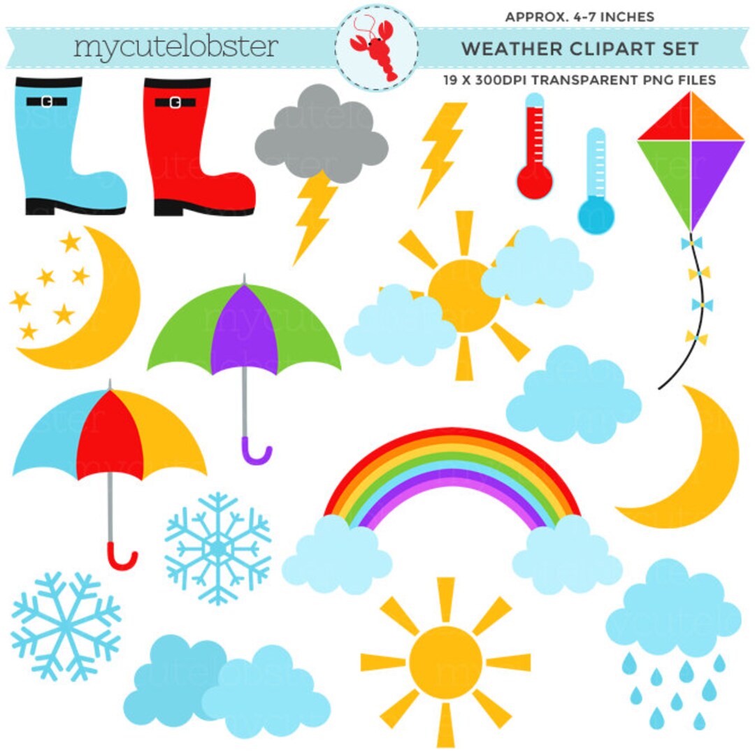 Weather Clipart Set Clip Art Set of Sun, Clouds, Rain, Umbrella, Snow ...
