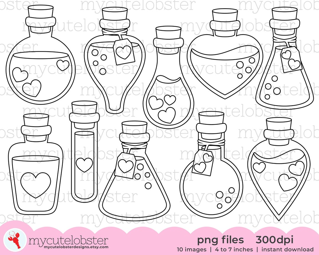 Valentine's Potions Digital Stamps Potion Bottles Line Art, Digi Stamps ...