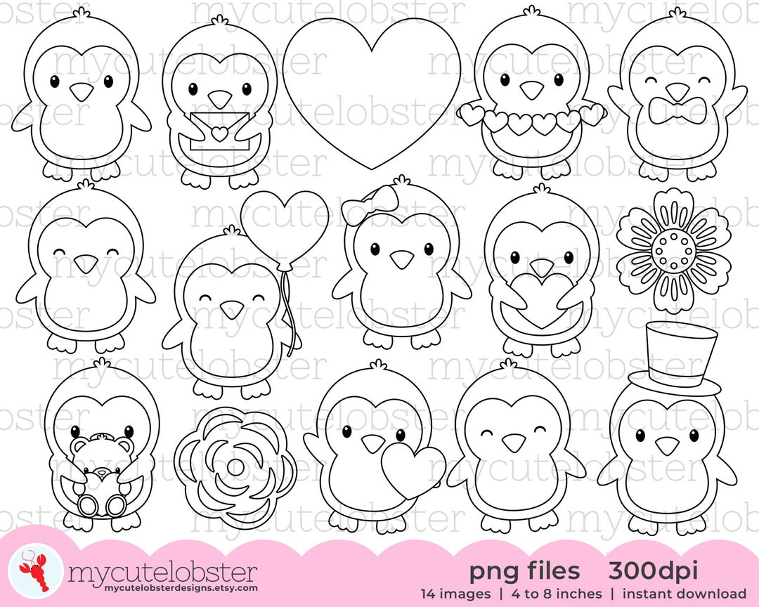 Valentine's Penguins Digital Stamps Cute Penguins Digi Stamp Set ...