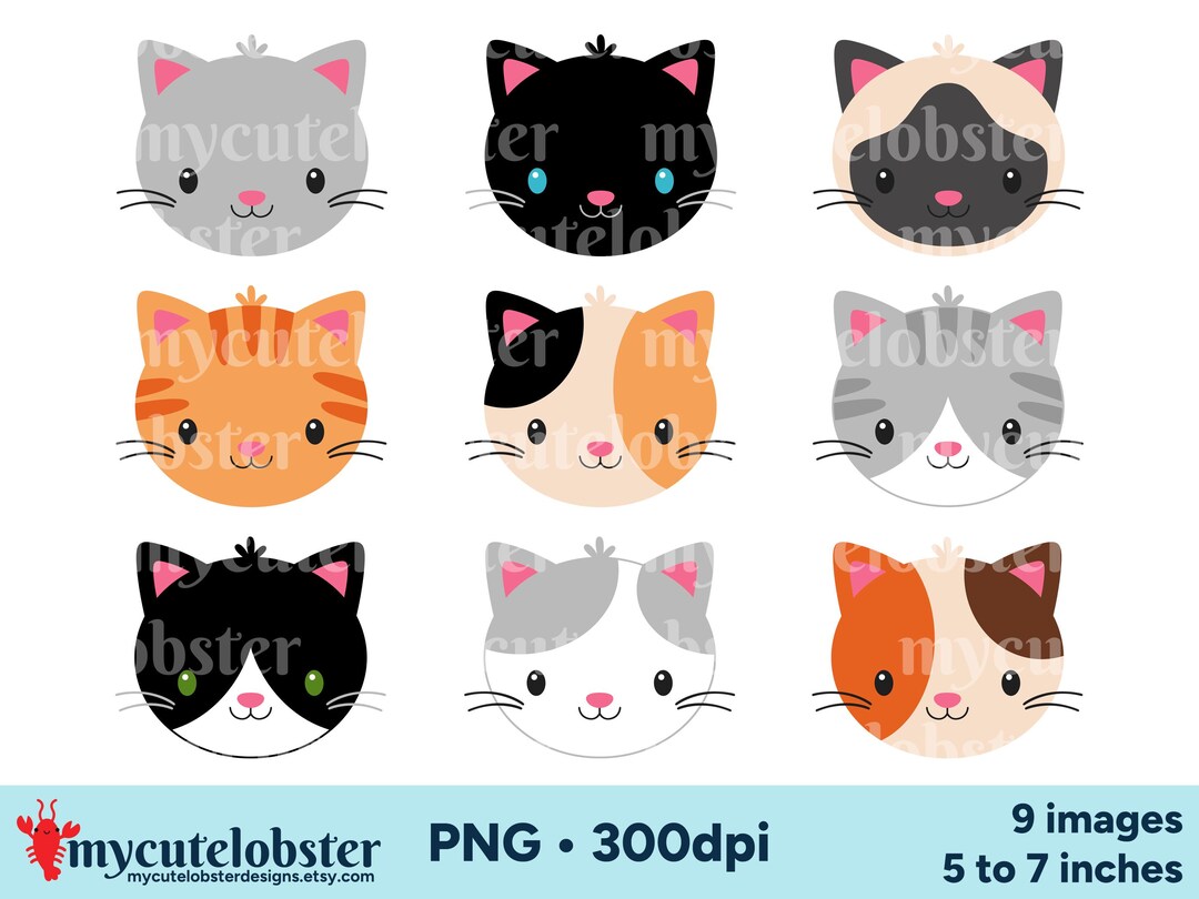 Cat Faces Clipart - Set of Kitten Graphics, Cats Clip Art, PNG Digital ...