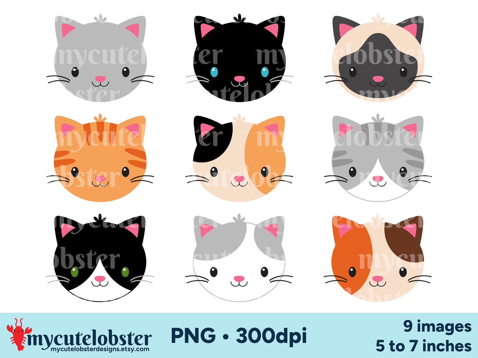 Cat Faces Clipart - Set of Cute Animal Faces, Kitten Clip Art, Cute ...