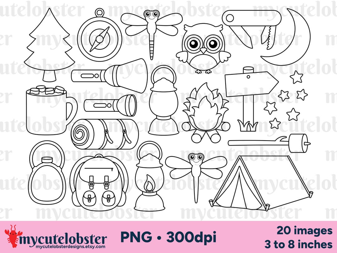 Camping Digital Stamps - Camping Line Art, Outlines, Tent, Torch, Owl ...