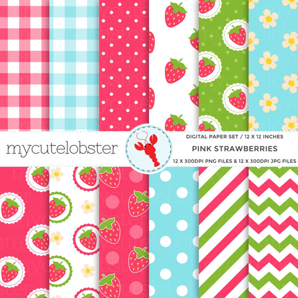 Pink Strawberries Digital Paper Set Strawberry Patterned | Etsy