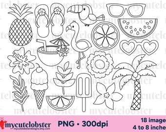 Beach Digital Stamps - Outlines, Line Art, Crab, Ice Cream, Beach Digi ...