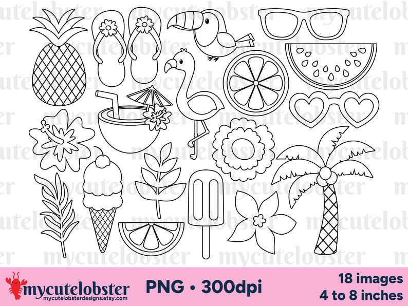 Tropical Digital Stamps - Summer Clipart Outlines, Flamingo Lineart ...