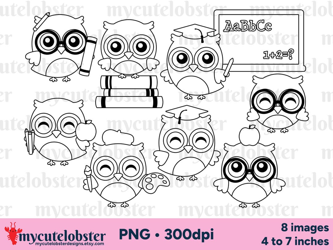 School Owls Digital Stamps - Line Art, Cute Owls Outlines, School, Owls ...