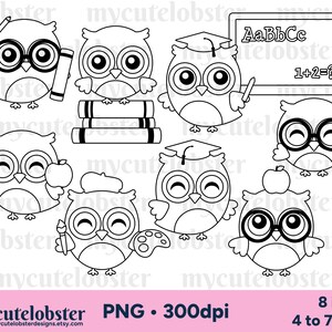 School Owls Digital Stamps - Line Art, Cute Owls Outlines, School, Owls ...
