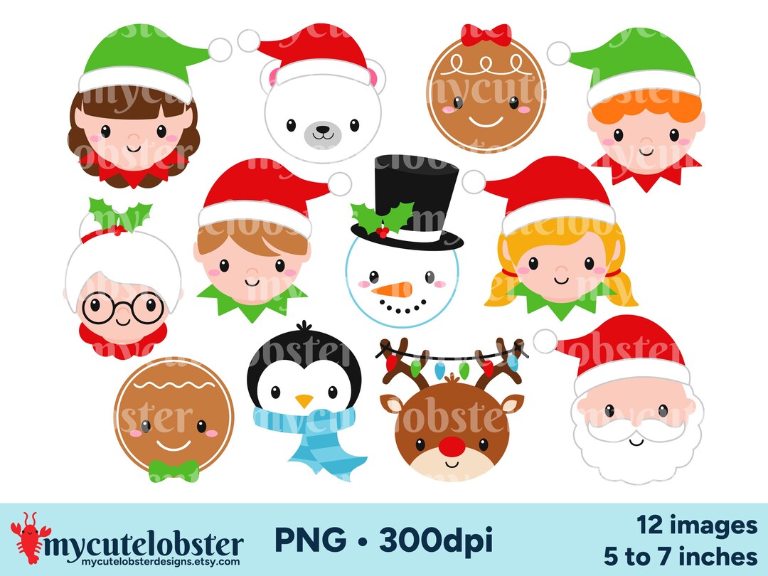 Christmas Faces Clipart, Set of Festive Holiday PNG for Personal and ...