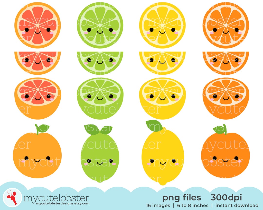 Cute Citrus Fruit Clipart Set of Happy Fruit, Grapefruit, Lime, Lemon ...
