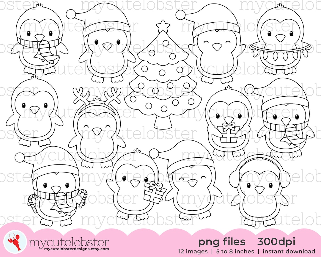 Christmas Penguins Digital Stamps Penguins Line Art, Outlines, Cute ...