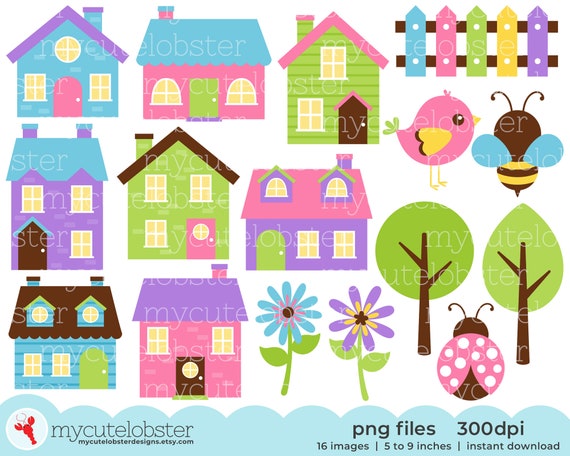 Spring Houses Clipart Set of Houses Cute Buildings Spring | Etsy