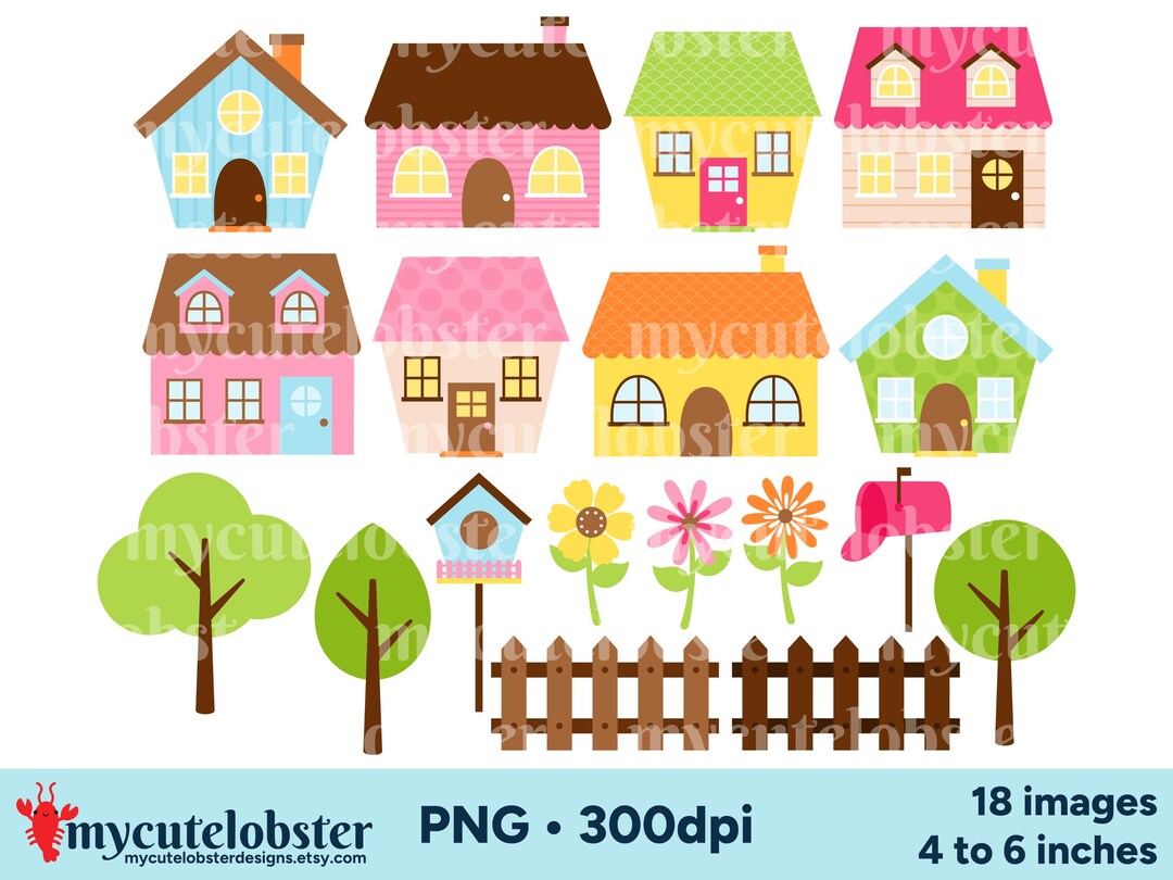 Houses Clipart - Set of Colorful Buildings, House Graphics, PNG Digital ...