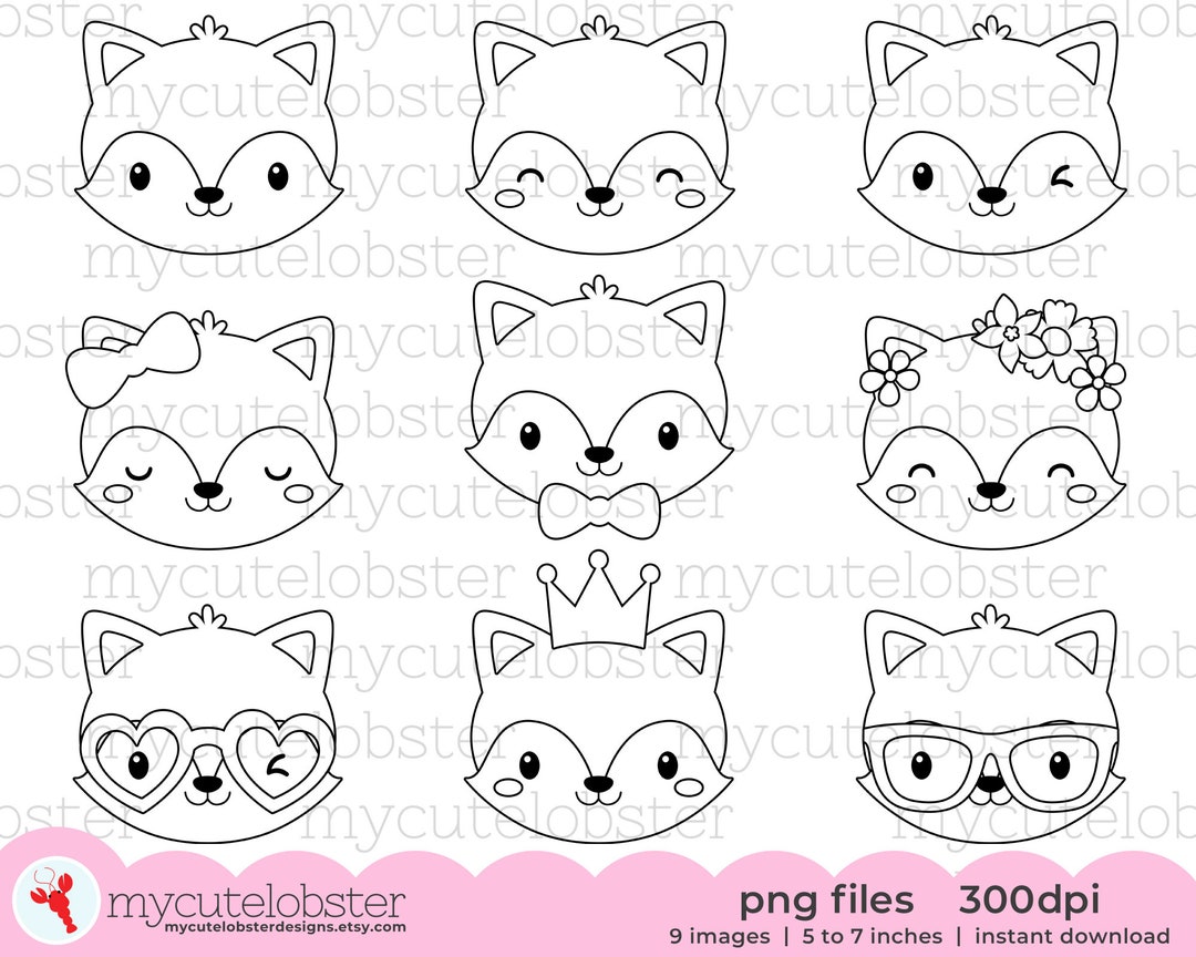 Fox Faces Digital Stamps Cute Fox Outlines, Foxes Line Art, Cute Fox ...