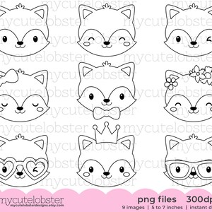 Fox Faces Digital Stamps Cute Fox Outlines, Foxes Line Art, Cute Fox ...