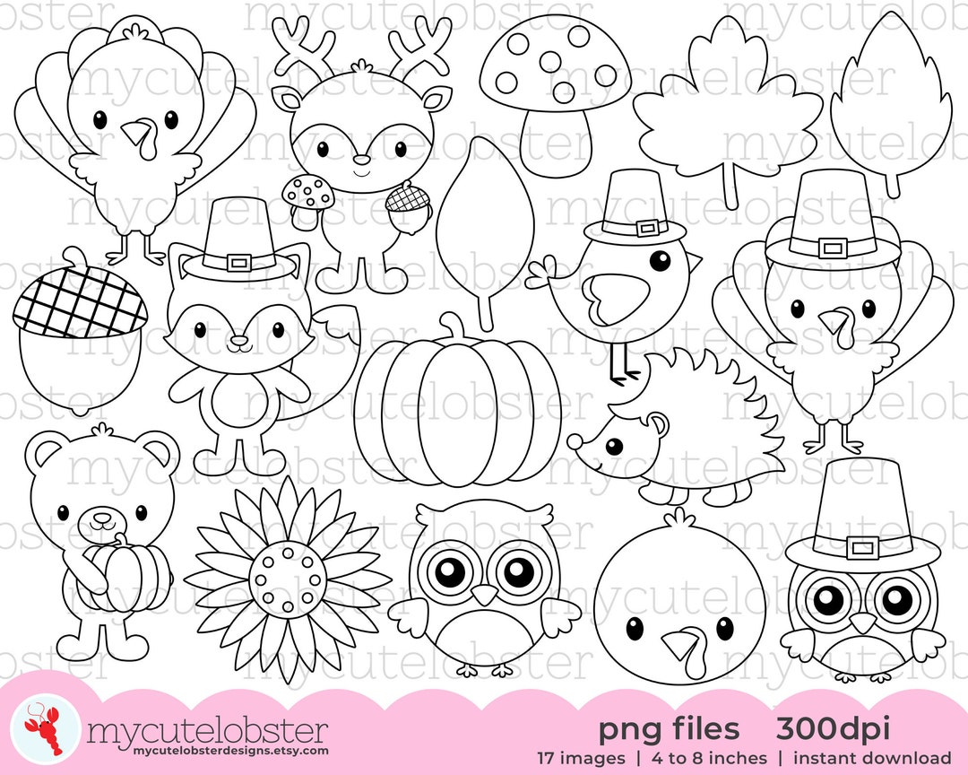 Thanksgiving Friends Digital Stamps Cute Animals, Fox, Turkeys, Digital ...