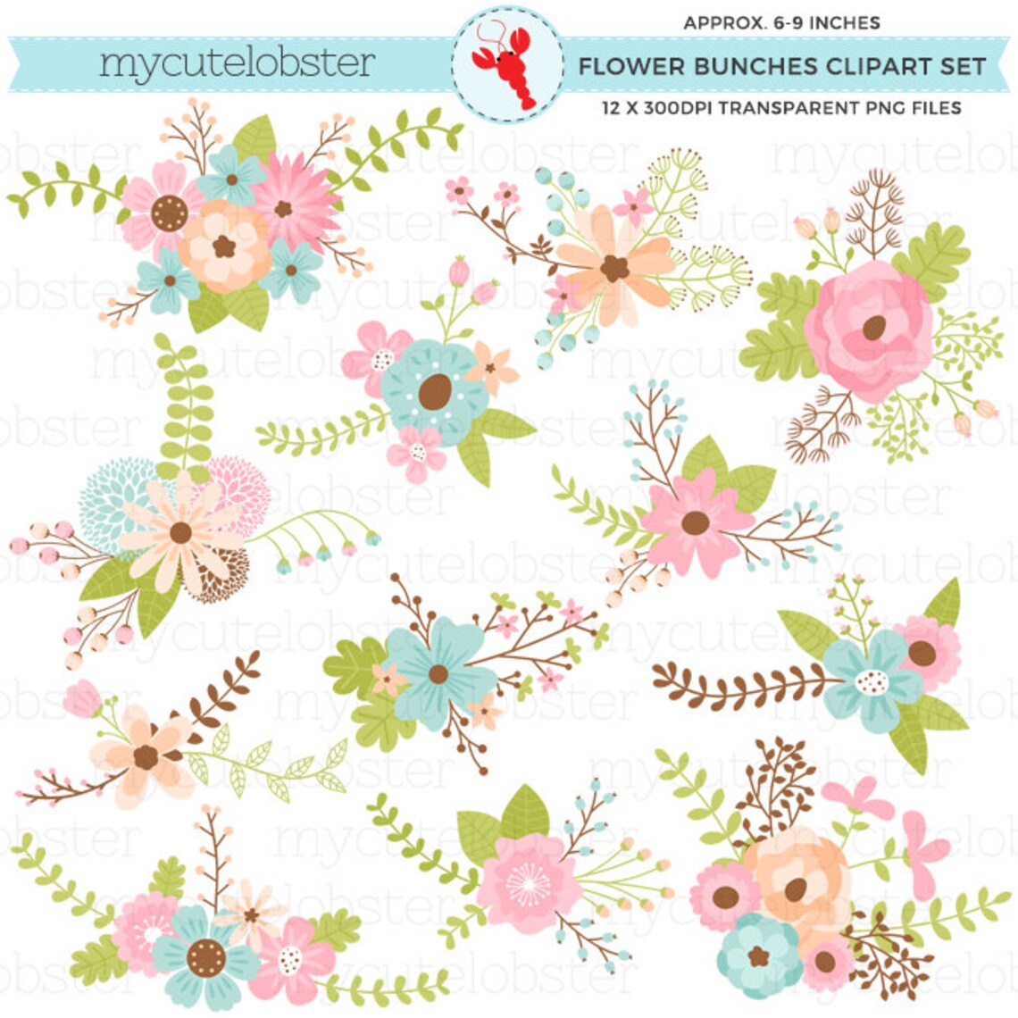 Flowers Clipart Set Flower Bunches Clip Art Set Floral - Etsy