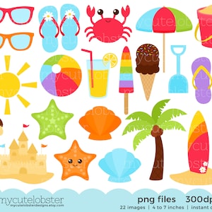 Beach Clipart Set Sandcastle, Summer, Sunglasses, Palm Tree, Crab, Clip ...