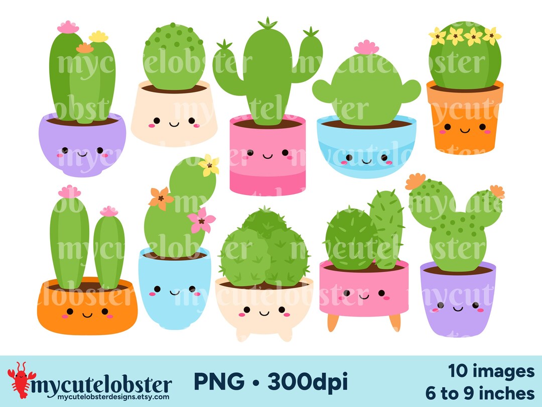 Cute Potted Cactus Clipart - Set of Happy Cactus, Cacti, Cute Plants ...