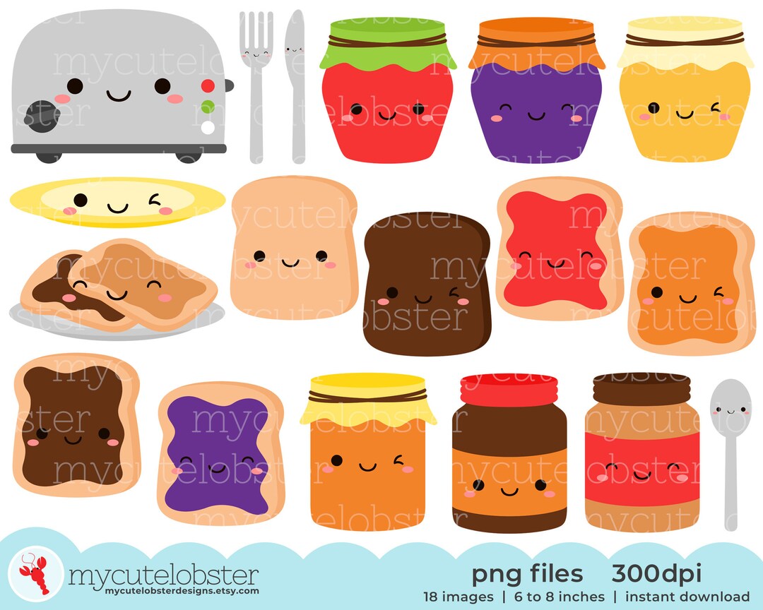 Cute Toast Clipart Set of Happy Toast, Jam, Toaster, Jelly, Cute Food ...
