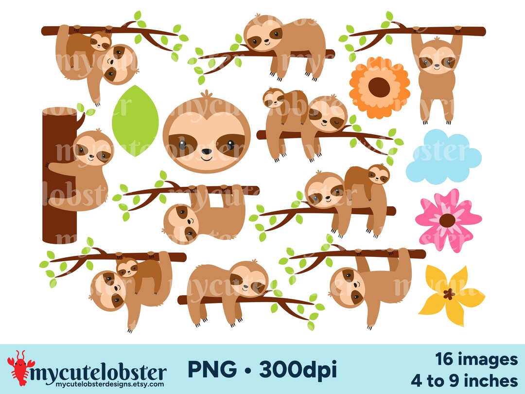 Sloth Clipart - Set of Happy Sloths, Baby Sloth Clip Art, PNG Digital ...