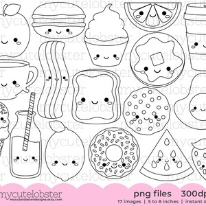 Cute Food Collection Digital Stamps Food Outlines, Happy Food Digi ...