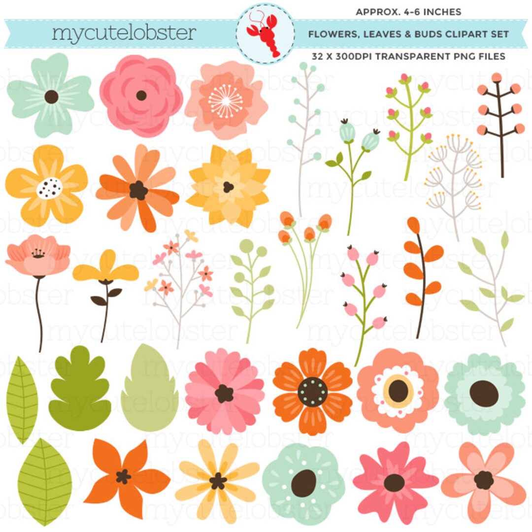 Colorful Floral Clipart Set Flowers, Leaves, Buds, Spring Flowers Clip ...
